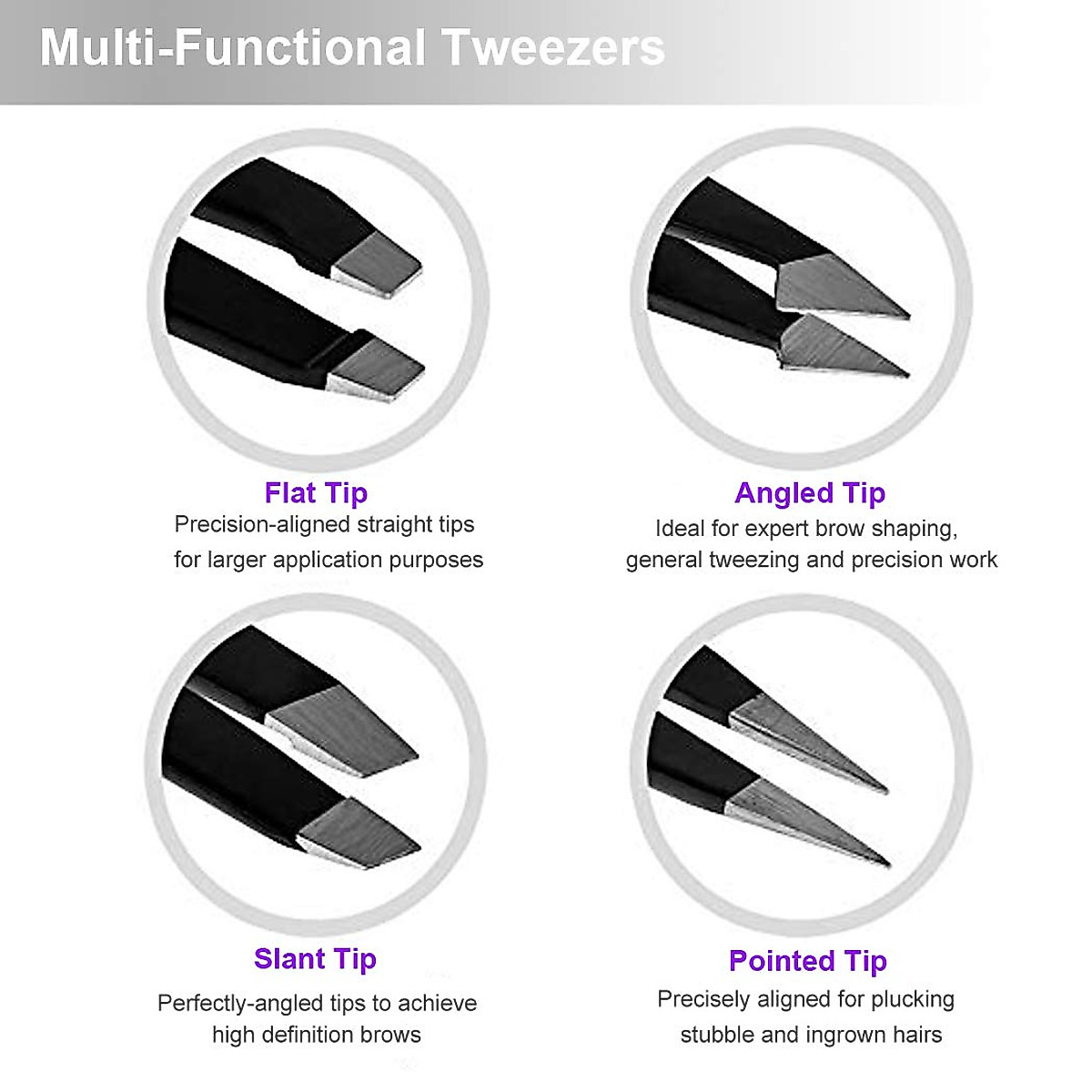 Tweezers Ingrown Hair, Slanted and Pointed Tweezer Set Tweezer 4 Piece Professional Tweezers Set Ingrown Hair Stainless Steel (Black)