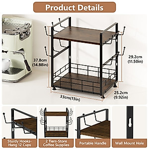 PONEYA 2 Tier Coffee Bar Organizer for Countertop, Coffee Mug Holder with 12 Hooks, Space-Saving Coffee Cup Stand for Storage Cups, Mugs, Syrups, Tea Bag, Kitchen Home Accessories