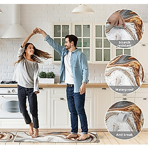 Kitchen Mats for Floor Anti Fatigue Floor Marble Cushioned Memory Foam Non Slip PVC Leather Padded Comfort Standing Rugs Set of 2, Abstract Golden Swirl Design, C1