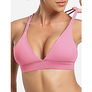 YEOREO Sports Bra for Women V-Neck Strappy Criss-Cross Back Yoga Bra Padded Fitness Crop Top Candy Powder XS