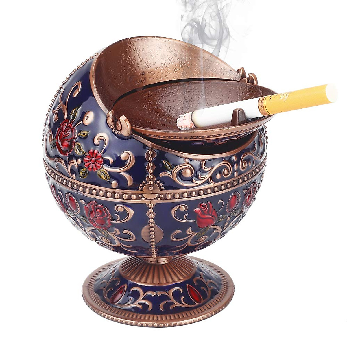 K COOL Windproof Ashtray with Lids Portable Cigarette Ashtray for Outdoor Indoor Metal Smoking Ashtray for Home Office Decoration Nice Gift Men Women(Navy blue-red rose)