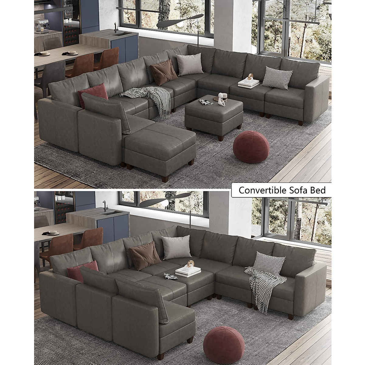 EASE MOOSE Convertible Modular Couch U Shaped Sofa with Storage Seat, Faux Leather Modular Sectional Sofa Oversized Sleeper Sofa with Reversible Chaises, Grey