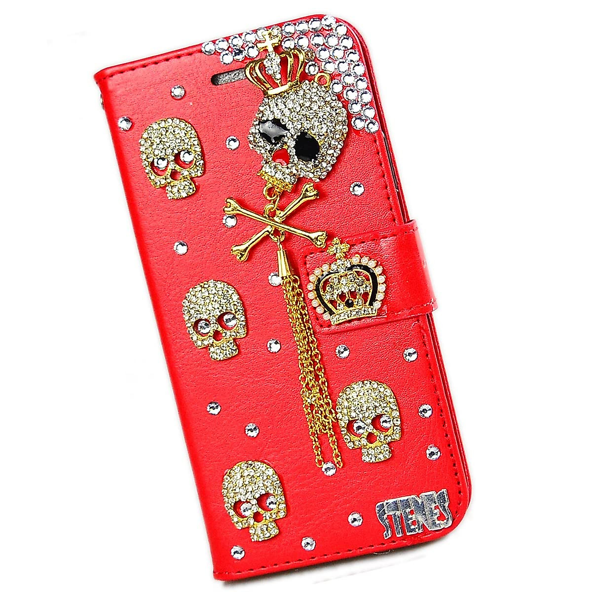 Fairy Art Crystal Wallet Phone Case Compatible with Samsung Galaxy Z Fold 5 - Skull Tassel - Red - 3D Handmade Sparkly Glitter Bling Leather Cover with Screen Protector & Beaded Phone Lanyard