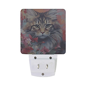 ZENWAWA Painting Longhair Cat Night Light Plug into Wall Decorative Auto Dusk to Dawn Sensor LED Night Lamp 2 Pack 3×4.5×1.4 in
