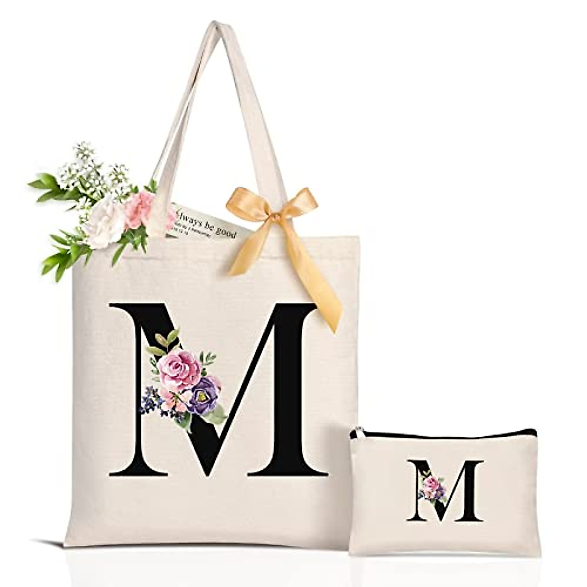 AUNOOL Personalized Initial Canvas Tote Bag Makeup Bag for Women, Monogrammed Gifts for Women Teacher Bridesmaid, Reusable Grocery Bags for Wedding Holiday Shopping Travel Letter M