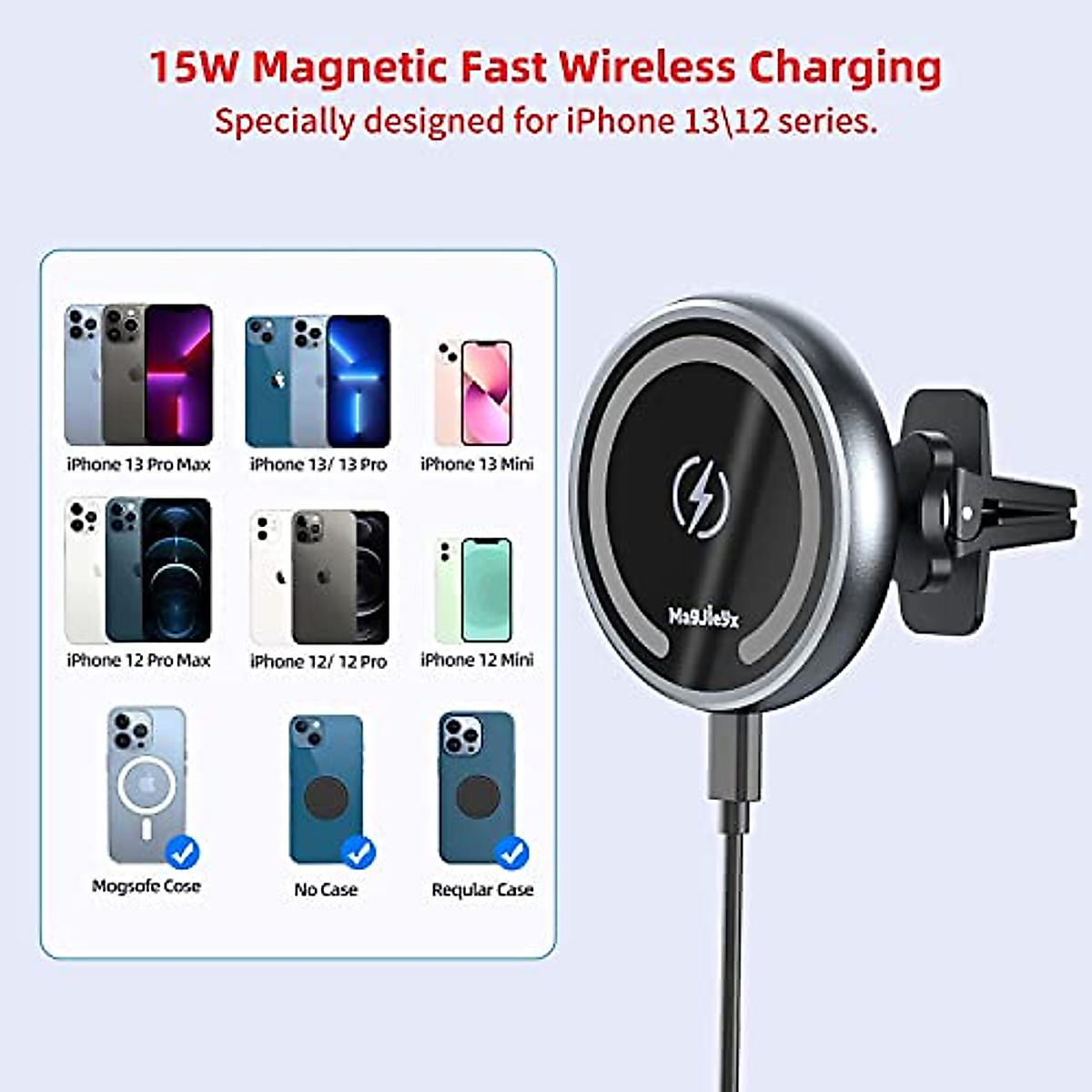 Magnetic Wireless Car Charger for Magsafe Mount iPhone 14 Pro Max,13, 12, Pro Max, Mini,Airpods3, QI 15 W Car Charging, Stick On Car Dashboard and Air Vent Car Phone Holder