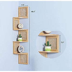 ND RongFeng Bamboo Corner Shelf 4-Tier Shelf with Bamboo Body Mixed with Natural Rattan Mesh for Wall Storage, Suitable for Bedroom and Living Room (Light Brown)