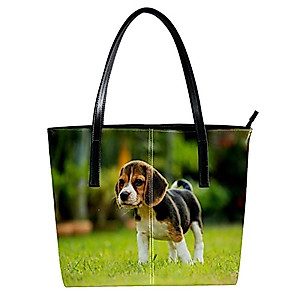 RODAILYCAY Leather Handbag for Women Large Capacity Top Handle Satchel Bucket Purses Shoulder Bag Little Beagle Dog Running Garden Happy
