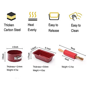 HYTK Nonstick Extra Small Bakeware Sets Baking Learning Tool for Kids Students Include 4Inch Springform Cake Pan, 6Inch Mini Loaf Pan, 9Inch Rolling Pin, BPA Free Cute Personal Portion Control