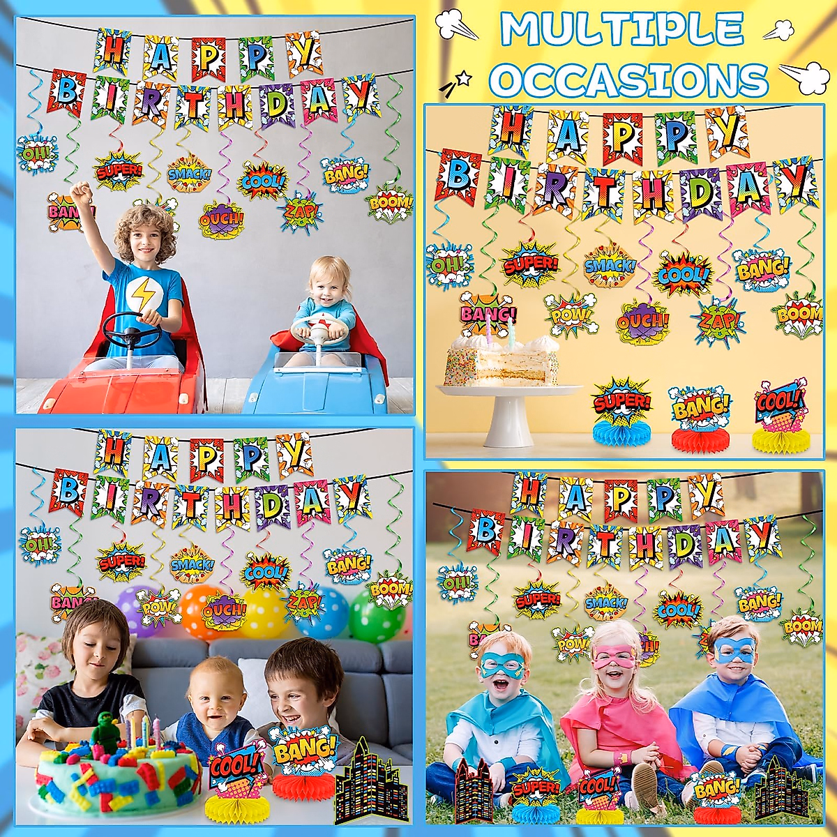 27pcs Super Theme Party Decorations Set Hero Birthday Banner Hanging Swirls and Honeycomb Centerpieces Fun Hero Theme Party Decor for Boys Girls Kids Baby Shower Party Supplies Favor