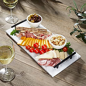 mDesign Thin Marble Pastry Board, Cutting Slab Kitchen Serving Tray with Deco Handles for Baking, Chopping, and Rolling - Serve Bread, Candy, Chocolate, Cheese, and Appetizers - Marble/Black