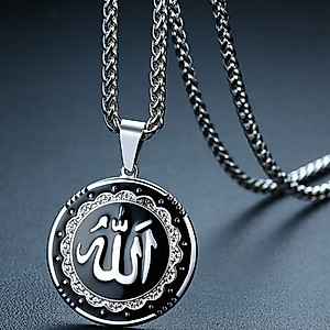 Jude Jewelers Stainless Steel Round Shape Muslim Islamic Religious Pendant Necklace (Silver)