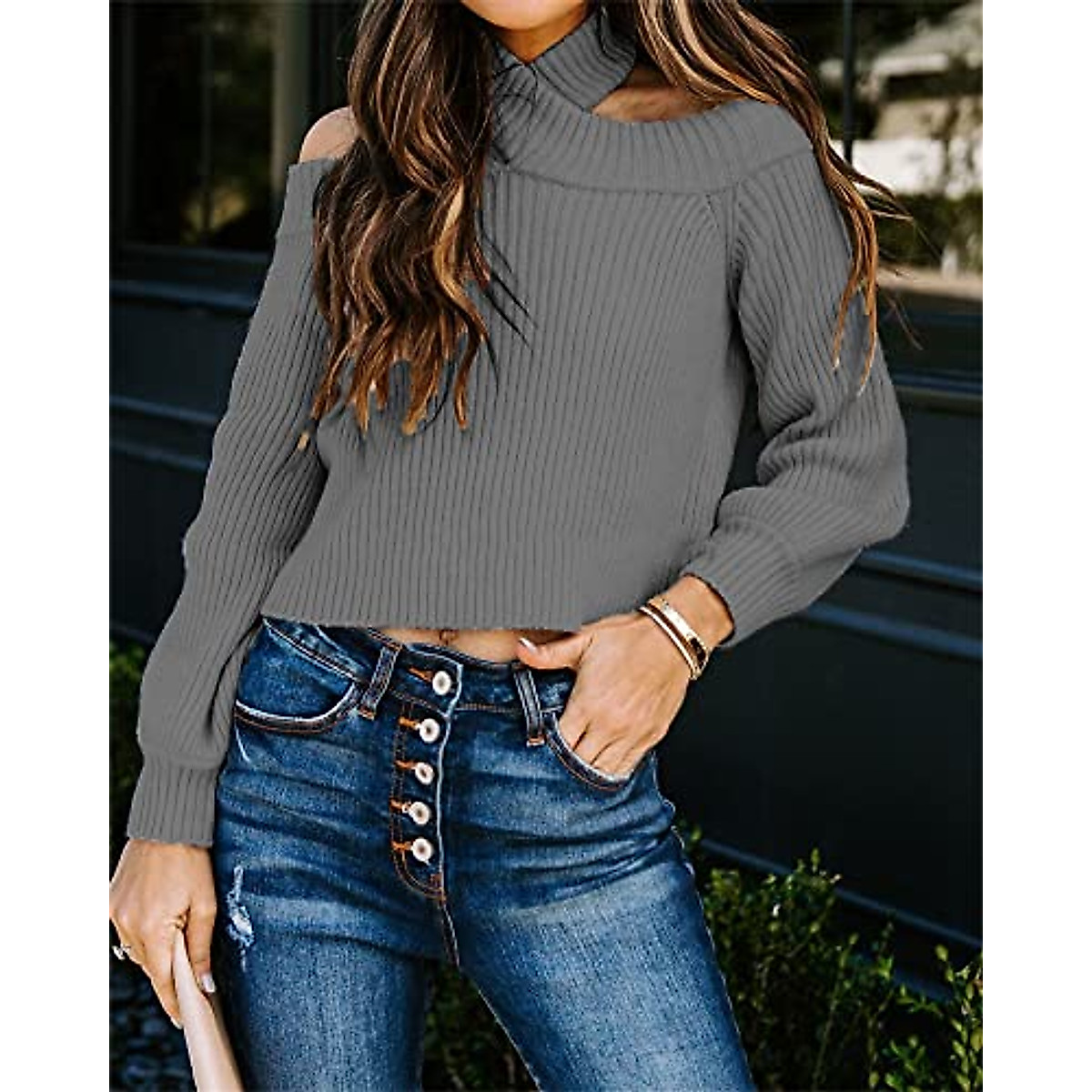 Women's Cold Shoulder Halterneck Sweater Crossed V- Neck Crop Halter Knit Pullover Off Shoulder Long Sleeve Knitted Top (Grey,Medium)