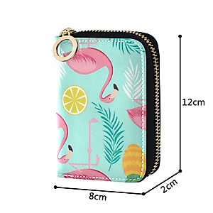 Seamless Pink Flamingos, Pineapples and Exotic Leaves on TurquoiseGrey Credit Card Coin wallet, RFID Blocking Compact Women Leather Card Holder, Key Change Organizer, Zipper Purse Clutch Pouch