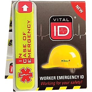 SmartSign (Pack of 5) 0.5 x 2.75 inch “in Case of Emergency” Worker ID Hard Hat Reflective Sticker, 30 mil Non-Conductive Vinyl with Acrylic Adhesive, Fluorescent Lime-Yellow & Red, Made in USA