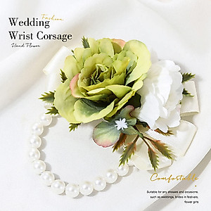 CASDRE Bride Wedding Wrist Corsage Bridal Hand Flower Pearl Corsage Wristlet Wedding Accessories for Women and Girls (Green)