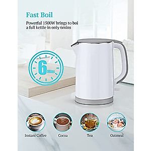 Electric Kettle, Double Wall 100% Stainless Steel Cool Touch Tea Kettle with 1500W Fast Boiling Heater, Auto Shut-Off & Boil Dry Protection, BPA-Free, White