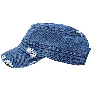 Funky Junque Military Style Cadet Hat Army Vintage Distressed Adjustable Cap - Distressed Denim