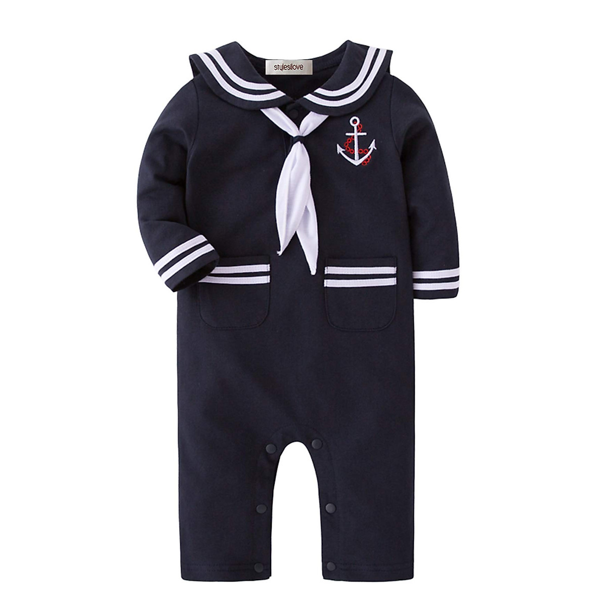 stylesilove Baby Toddler Boys Marine Sailor Cotton Romper with Hat and Necktie 3pcs Festival Jumpsuit (Navy Blue, 90/12-18 Months)