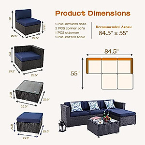 PHI VILLA Outdoor Patio Sectional Furniture Set 5 Piece Low-Back Rattan Sofa Set Wicker Patio Conversation Set with 4 Seat Cushions and 1 Tempered Glass Table (Navy Blue)