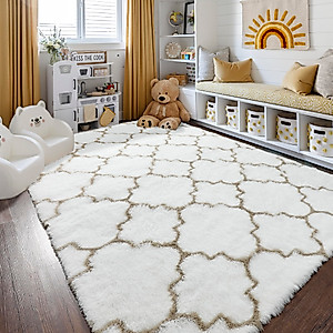 Amdrebio White and Beige Rugs for Living Room, 7x10 Rug, Soft Large Area Rug for Bedroom, Fluffy Neutral Boho Rug for Kids Room, Geometric Morrocan Shaggy Carpet for Playroom, Big Thick Floor Rug