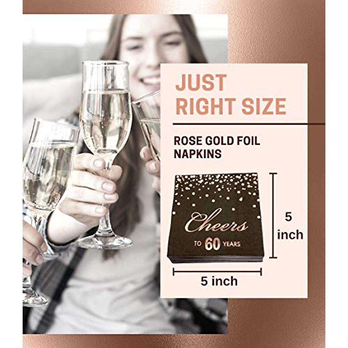 Rose Gold Foil Cocktail Napkins with Cheer 60 Years | Folded 5 x 5 Inches Disposable Party Napkins | 3-Ply Paper Beverage Napkins for 60th Birthday Decorations, Wedding Anniversary, Retirement, Black