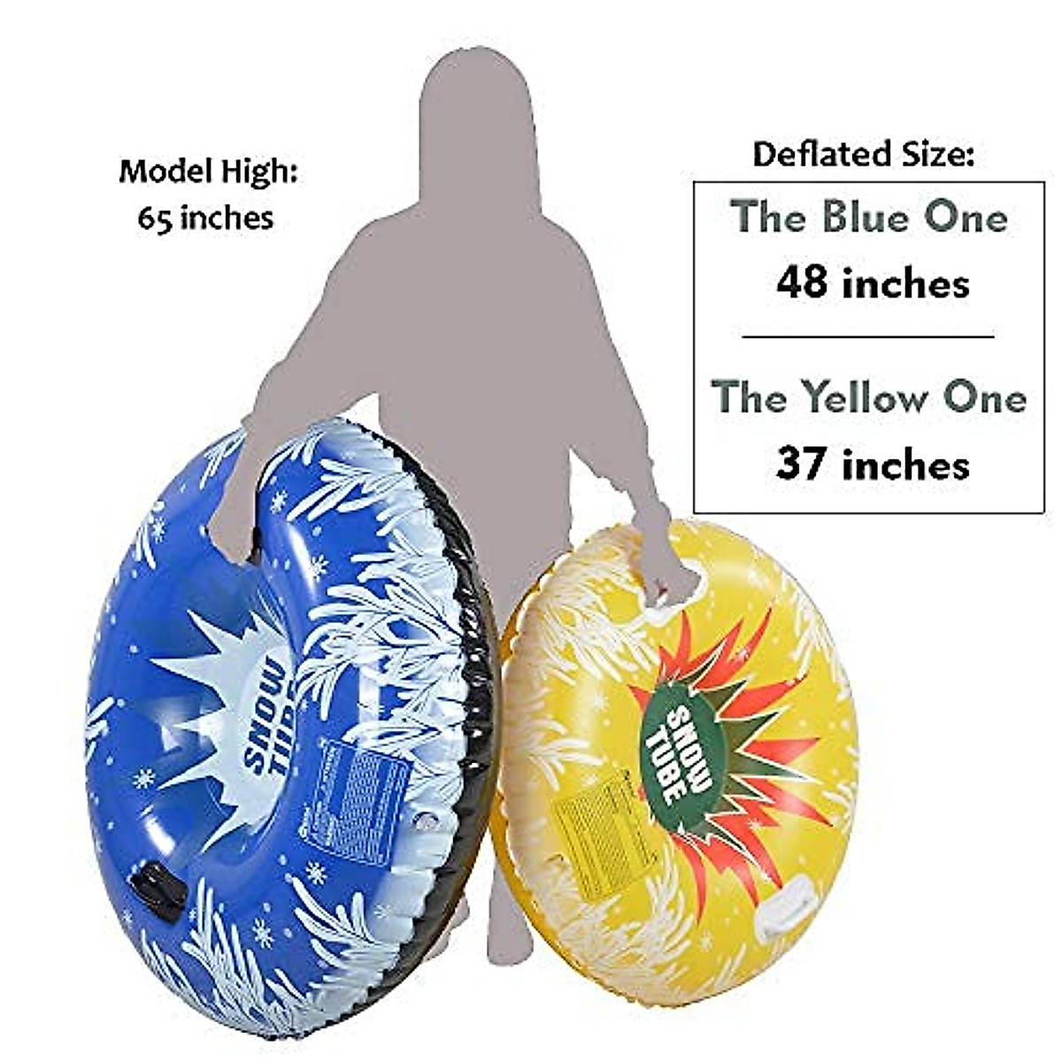 HIWENA Snow Tubes, Inflatable Snow Tubes for Family with 2 Higher Handles, Heavy Duty Snow Sled for Adults, and Snow Toy for Kids, 48 and 37 Inch Snowflake Snow Tubes (2 Pack)