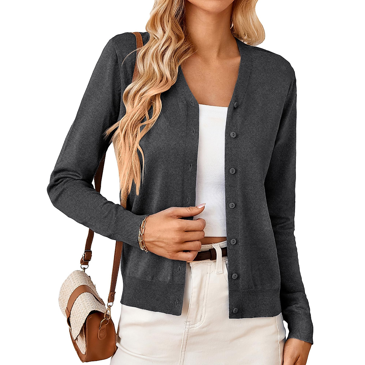 GRACE KARIN V Neck Knit Cardigan Sweaters for Women Plus Size Long Sleeve Tops Lightweight Casual Black Grey L