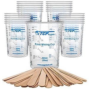 TCP Global 20 Ounce (600ml) Disposable Flexible Clear Graduated Plastic Mixing Cups - Box of 25 Cups & 25 Mixing Sticks - Use for Paint, Resin, Epoxy, Art, Kitchen - Measuring Ratios 2-1, 3-1, 4-1, ML
