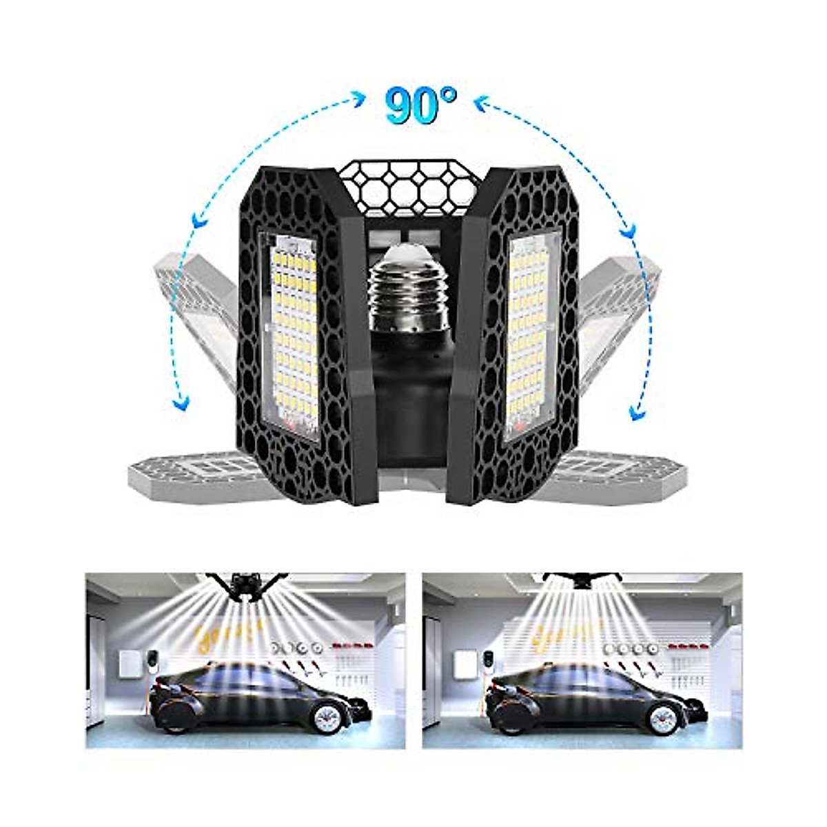 Gyrategirl LED Garage Light, 80W Garage Light 8000LM Deformable Led Shop Lights with 3 Adjustable Wings, Folding Garage Lights Shop Lighting, E26/E27 Panel Lights for Garage/Warehouse/Basement