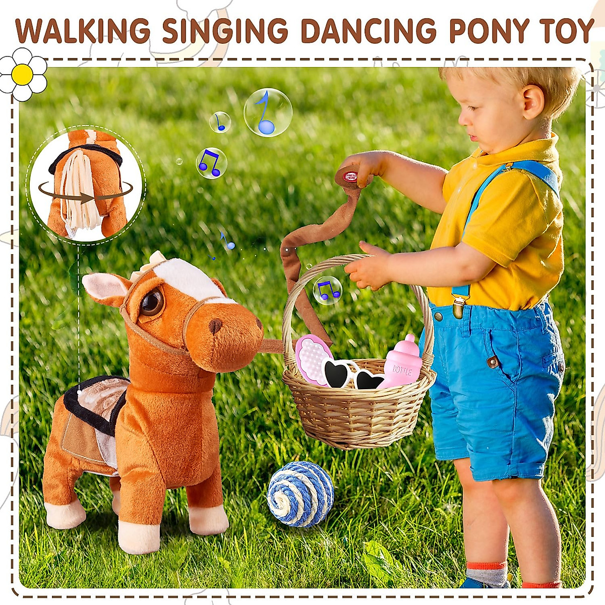 Brown Walking Pony Plush Interactive Pony Toy Singing Dancing Musical Realistic Pony Pet, Stuffed Animal Shaking Leash Horse Toy Head Buttocks Toy for Boys Girls or Toddlers