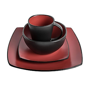 Gibson Soho Lounge Square Reactive Glaze Stoneware Dinnerware Set, Service for 4 (16pc), Matte Red