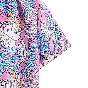 Men's Casual Summer Print Buttons V-Neck Short Sleeves O-Neck Loose Hawaii Shirts Blouse Tops(Pink, L)