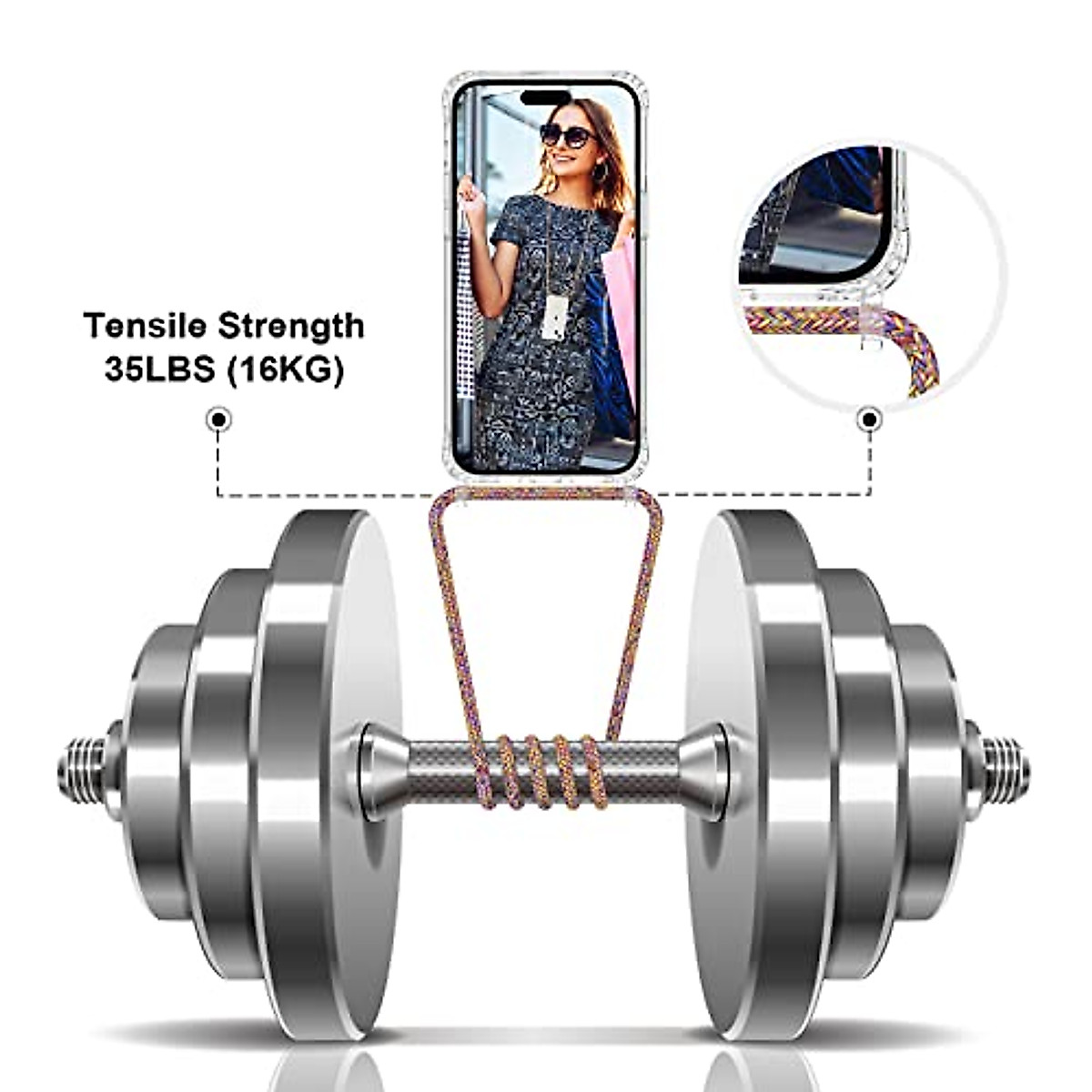 UYMO Crossbody Case for iPhone 14 Pro 6.1", Crossbody Cover with Neck Cord Strap,Transparent Clear PC TPU Lanyard Case with 2 Tempered Glass Screen Protector & 1 Camera Lens Protector,Rainbow