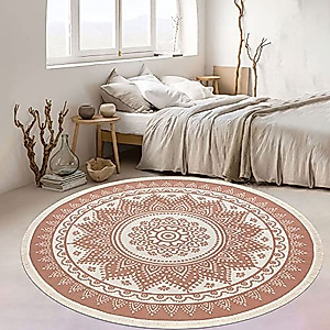SHACOS 4 Ft Round Rug Boho Mandala Woven Cotton Area Rug Washable Chic Decorative Circle Rug with Tassels for Living Room Bedroom Kids Room (4 ft, Peacock Flower)