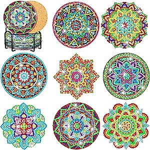 8 Pcs Diamond Painting Coasters with Holder DIY Diamond Painting Kits for Adults Cork Mat Diamond Art Paintings with Gem for Kid Beginners Paint Craft Supplies (Mandala Style)