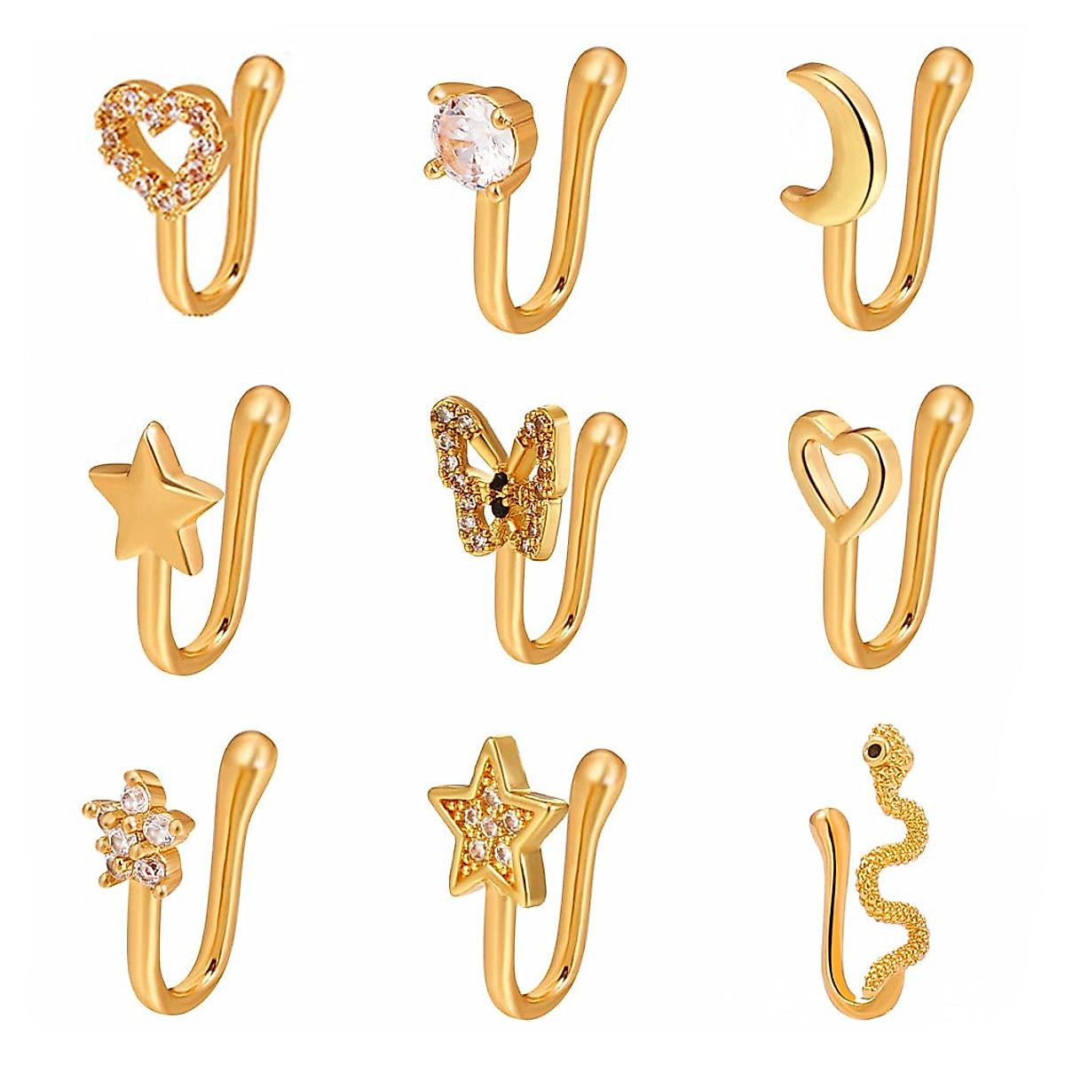 Sither 9 pieces Nose Rings Cuff for Women and Men Faux Nose Rings Clip Non Piercing Fake Nose Rings Pack Body Piercing Jewelry for Gift (gold)
