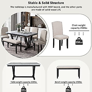 P PURLOVE Faux Marble Style 6 Piece Dining Table Set Marble Stickers MDF Top Kitchen Table with 4 Thicken Cushion Chairs and a Bench, for Home Living Room (White)