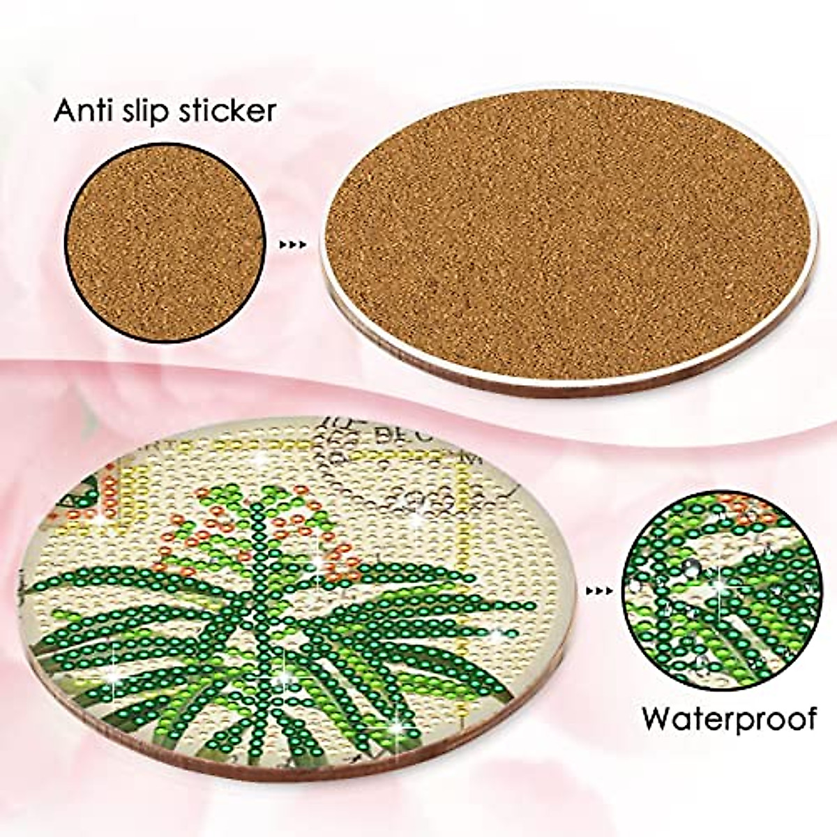 6 Pcs Leaves Diamond Art Painting Coasters Kits with Holder DIY Green Leave Diamond Art Coaster Non Slip Coaster for Adults Diamond Painting Kits Supplies