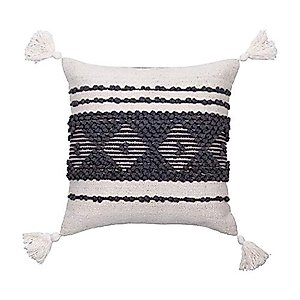 Foreside Home & Garden Gray Woven 18 x 18 inch Decorative Cotton Throw Pillow Cover with Insert and Hand Tied Tassels, Black, White
