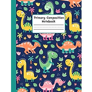Primary Composition Notebook Dinosaurs: Half Page Ruled Primary Writing Journal for Kids, Boys, Girls, Grades K-2.