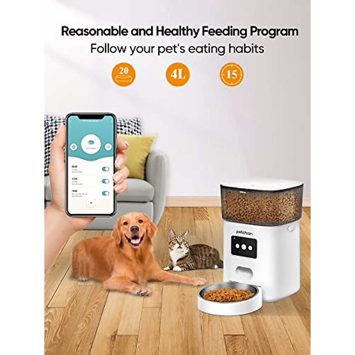 Petchain Automatic Cat Feeder, 4L WiFi Pet Food Dispenser for Cats and Dogs APP Control Auto Pet Feeder Up to 20 Portions15 Meals per Day, Low Food Alarm and 10s Voice Recorder for Pet
