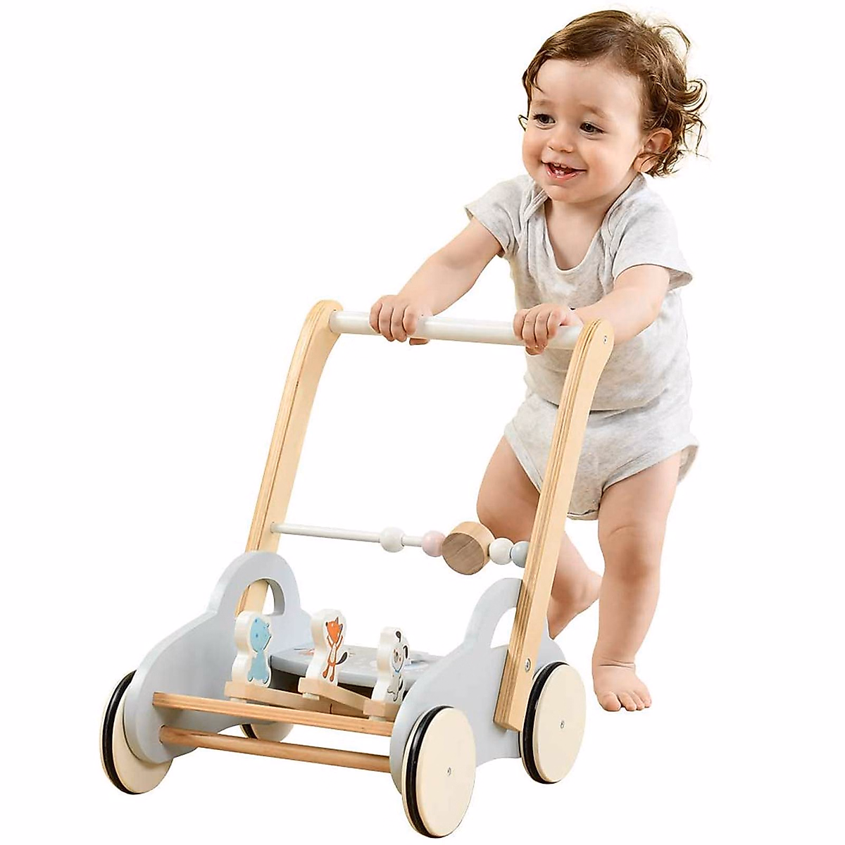 labebe Push Walker Stroller Toys,Pull Wagon for Kid,Gray Animal-Push Toy for Toddler, sit to Stand Learning Walker, 2-in-1 Activity Push Walker for Infant/Child, Wooden Play Wagon 4 Wheel Push Walker