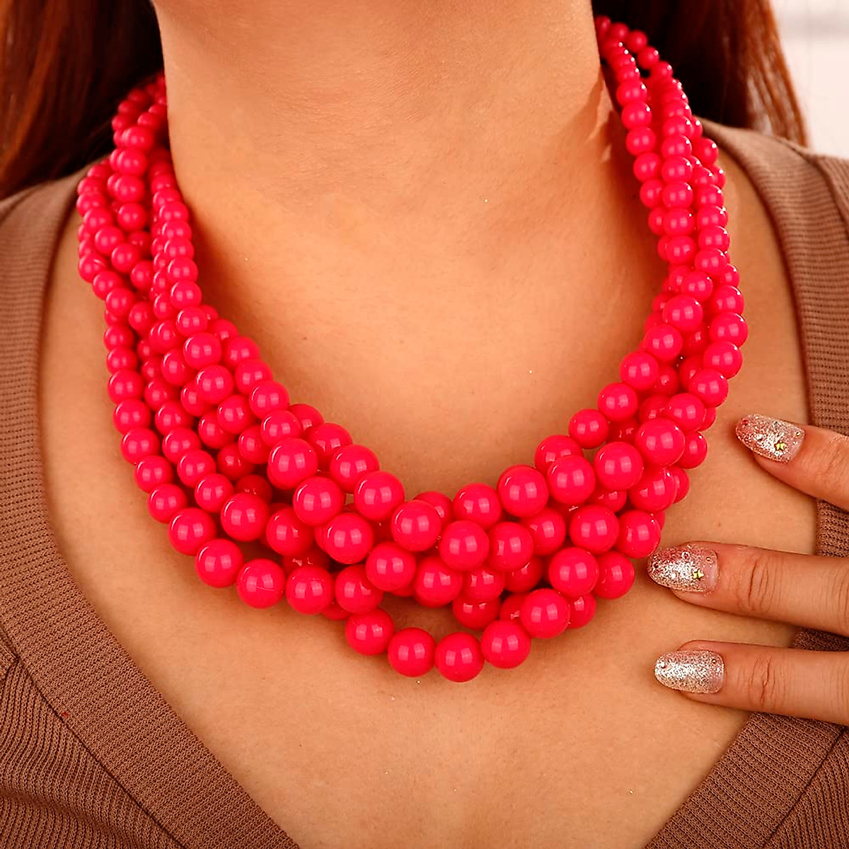 Wiwpar Simulated Pearl Cluster Chunky Pearl Bead Necklace Multi Strand Twisted Pink Pearl Statement Bib Collar Necklace Jewelry Pearl Necklace and Earring Set for Girls Prom (pink)