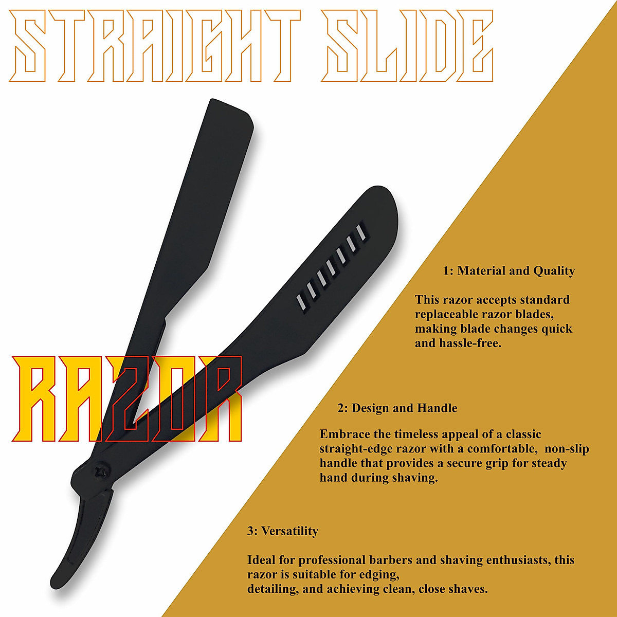 Black Straight Edge Barber Razor, Durable Plastic Handle Slide out Razor for Men with 10 Blades by "FLAME STAR''