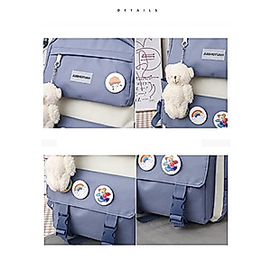 Aesthetic Backpack Set for Teens 5pcs for School Cute Kawaii Backpack with Pins and Plushies Cute Accessories (Blue)