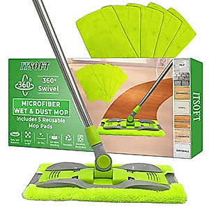 ITSOFT Microfiber Hardwood Floor Mop - Stainless Steel Handle with Extension and 5 Reusable Mop Pads, for Wet or Dry Floor Cleaning, Green