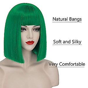 Juziviee Green Wigs for Women 12'' Short Green Bob Wig with Bangs Natural Cute Soft Synthetic Wigs for Party St Patricks Day AD016DGR