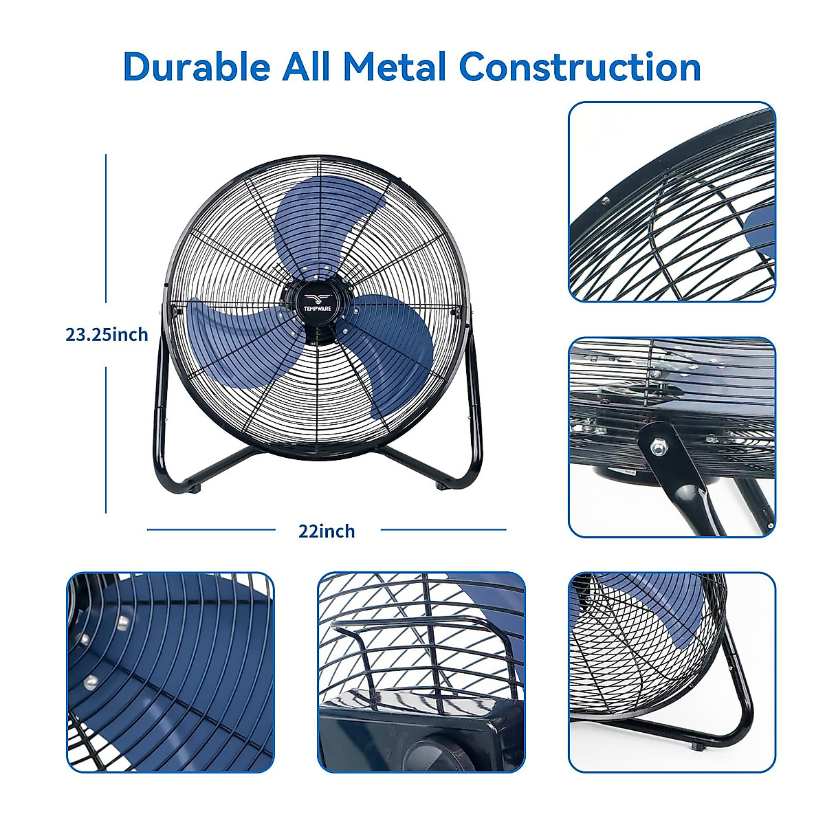 TEMPWARE 20 Inch High Velocity Industrial Floor Fan, 3-Speed Heavy Duty Metal Cradle Floor Fans with 360° Tilt for Warehouse, Workshop, Garage, Factory and Basement, Black & Blue