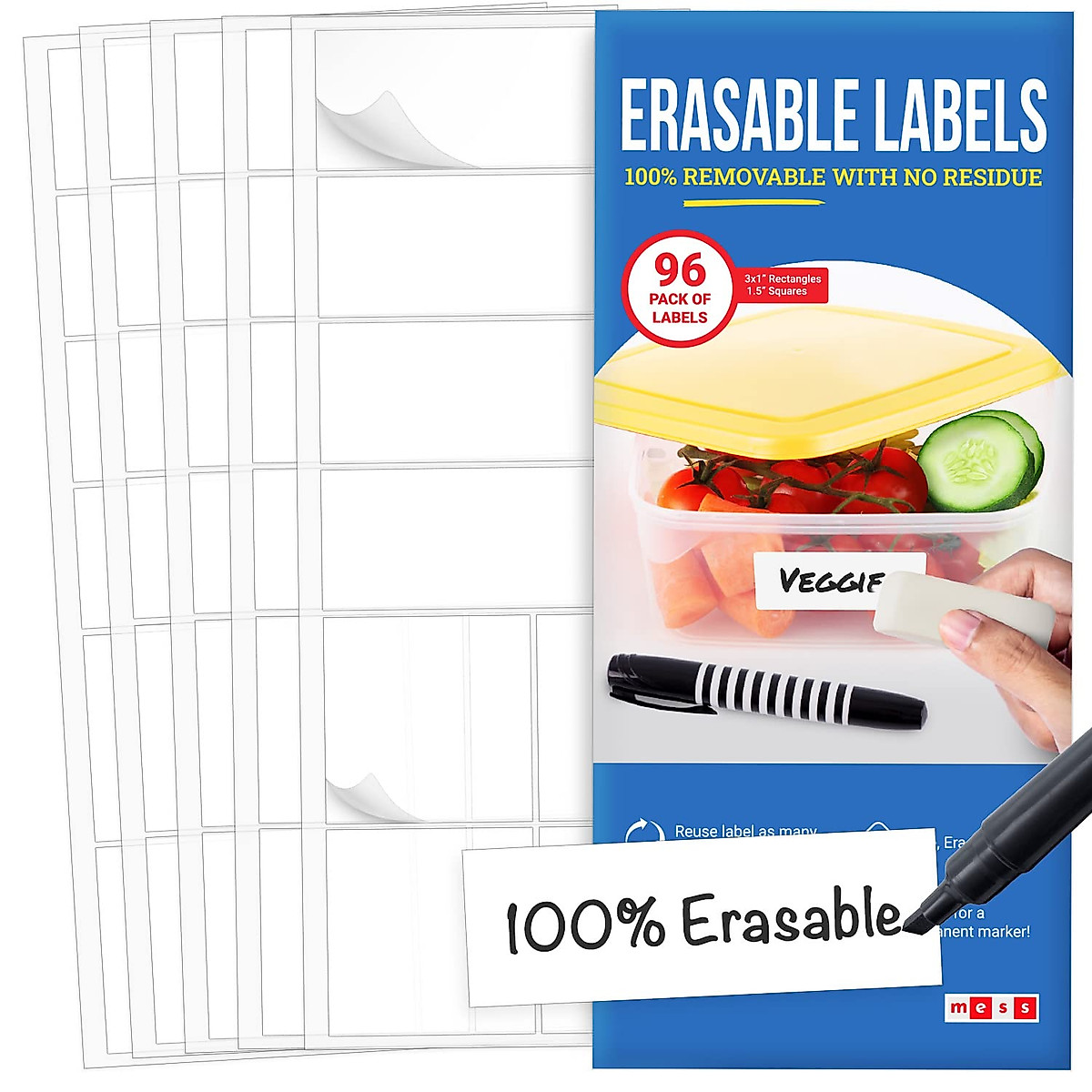 MESS Reusable Labels for Food Containers - Erasable Kitchen Labels (96-Pack) Labels for Organizing - Food Labels for Containers - Removable Labels Freezer Fridge - White Dry Erase - Labels for Jars